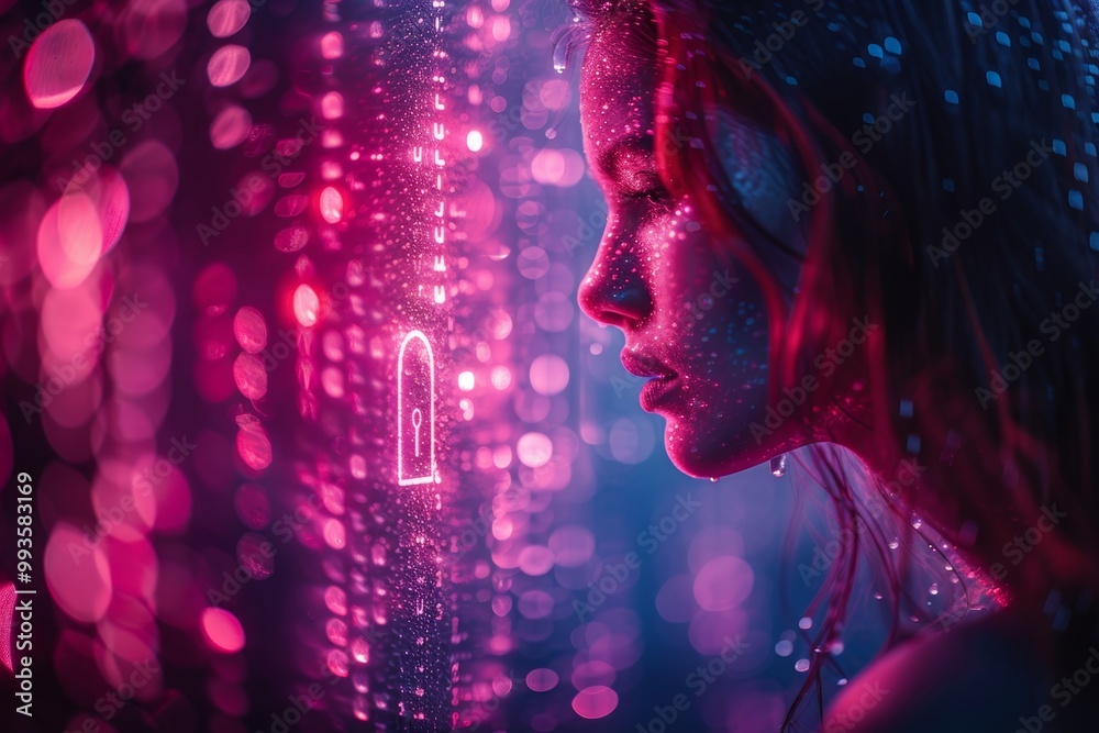 Neon purple and blue visual of data leak protection featuring a lock on ...