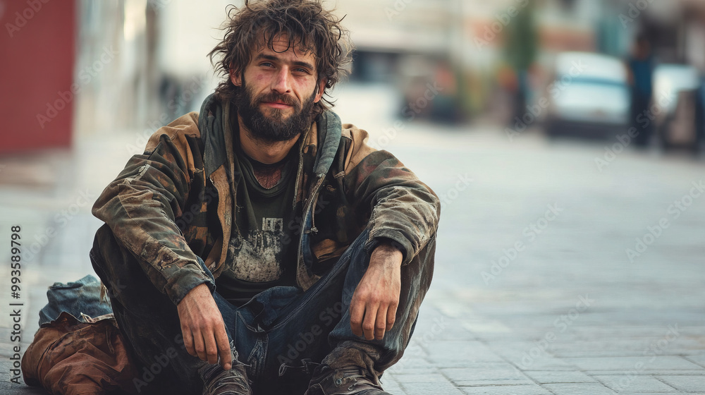Homeless man sitting on city street during daytime. A homeless man with ...