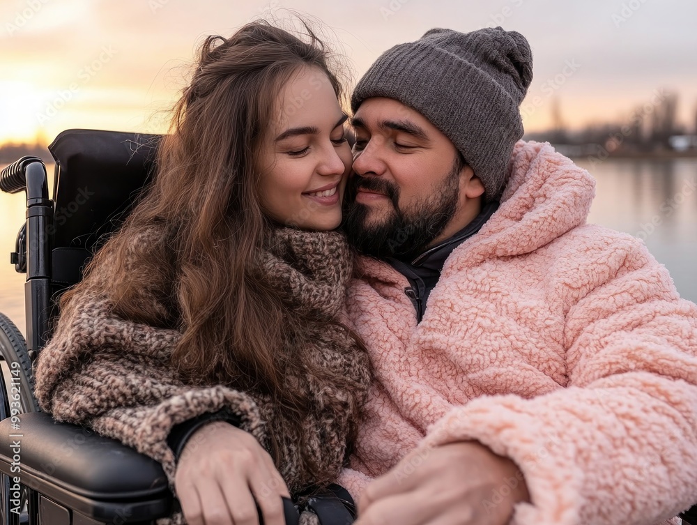 Romantic Couple Sharing a Moment of Joy by the Water, Wheelchair ...