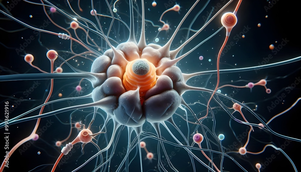 Synapse and neuron in 3D brain illustration. Explore neurotransmitter ...