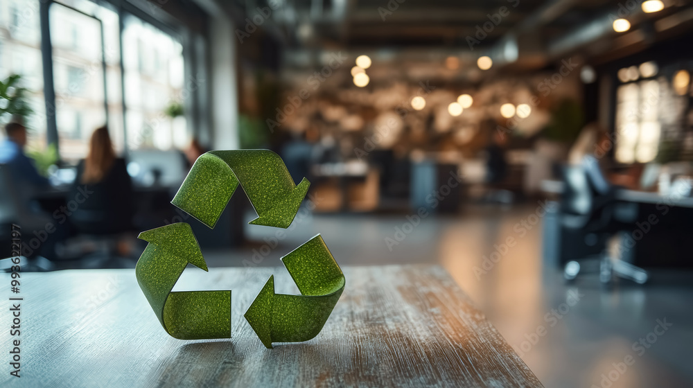 Green recycle symbol icon sign against the background of an open space ...