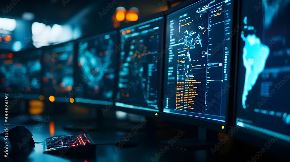 A high-tech underground control room, multiple curved screens show ...