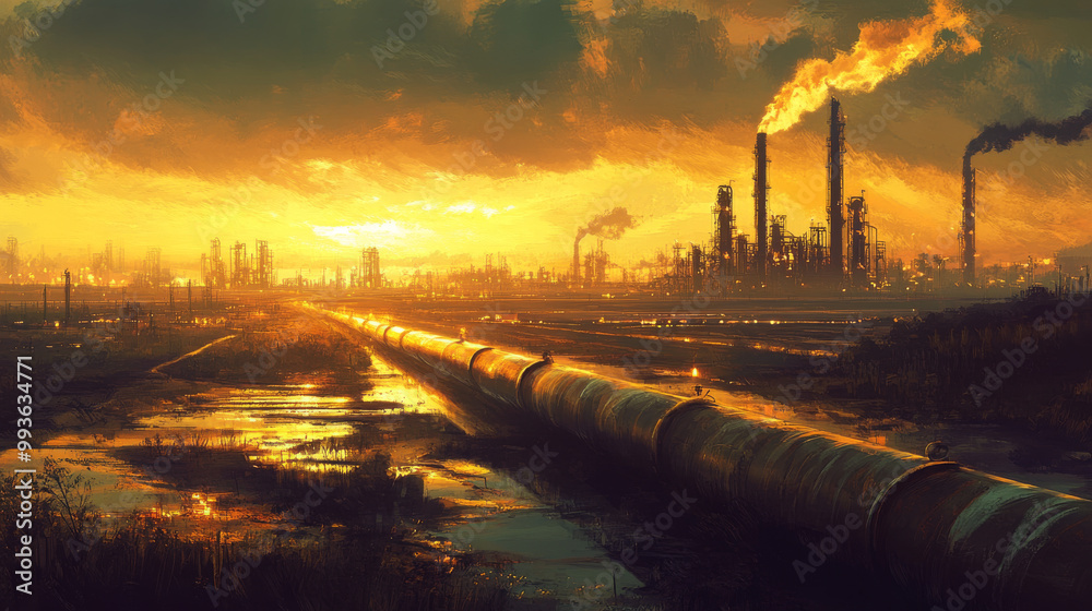 Oil and gas flow through pipes, crossing fields and streets. This ...