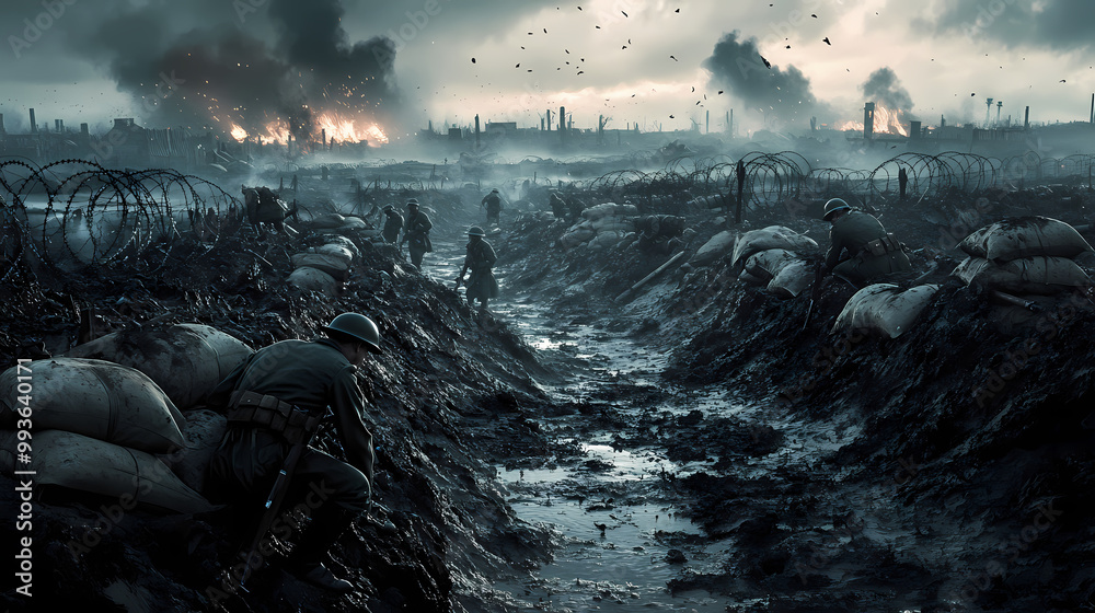 Generative AI, Explosions and Smoke in World War I Trenches Stock Photo ...