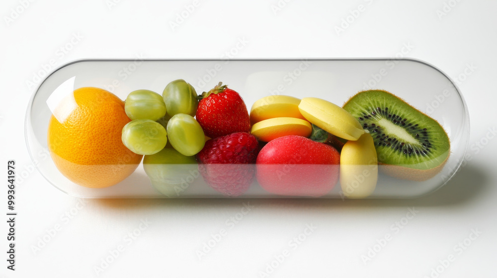 Healthy eating with fruits and vitamins, along with supplements in ...