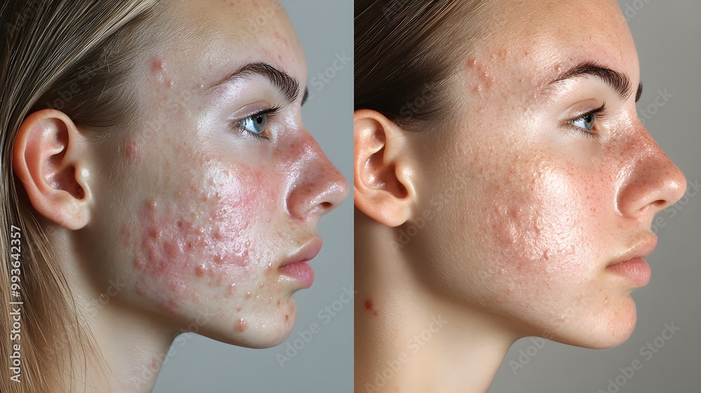Split view of acne recovery from swollen, red pustules to small, flat ...