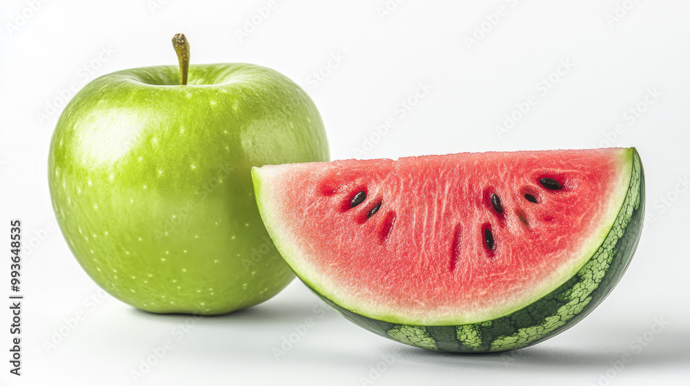 A green apple and a watermelon are shown against a white background ...