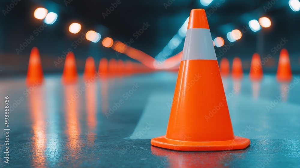 A close-up of an orange traffic cone amid several cones in a dimly lit ...