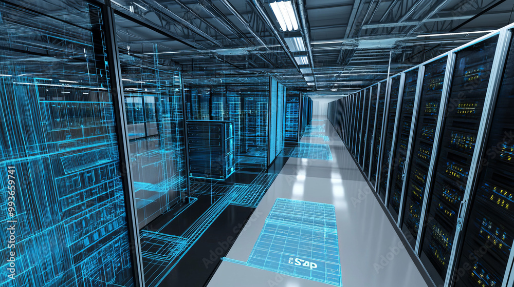 This image shows a 3D model of a virtual data center. It represents the ...