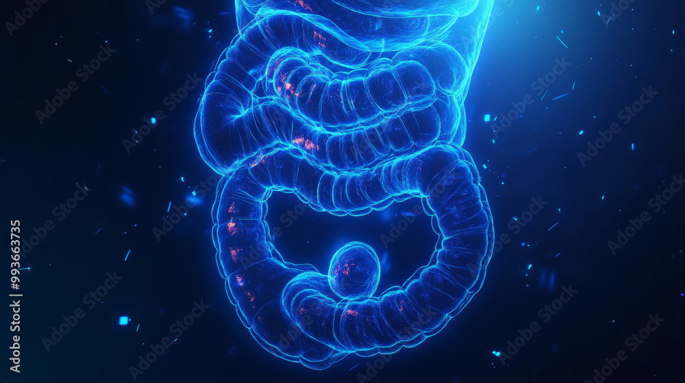 A blue screen shows a 3D image of the intestines. This represents a ...