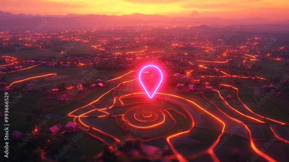 Neon Map Pin Icon Over Aerial View of Rice Fields at Sunset. AI ...