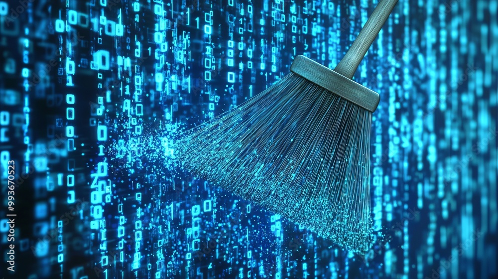 Broom Sweeping Up Digital Data and Binary Code. AI generated ...