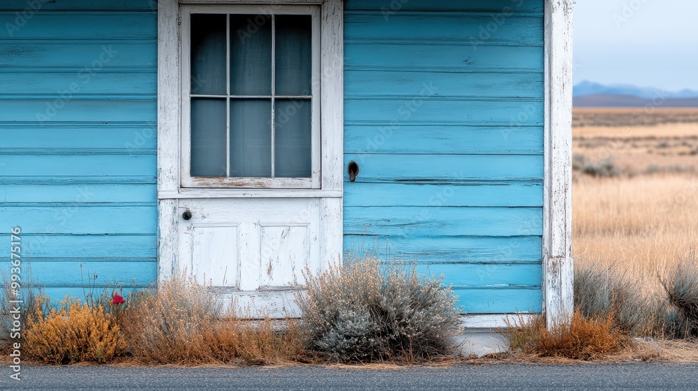 This rustic blue wooden house with white door stands in a dry, sparse ...
