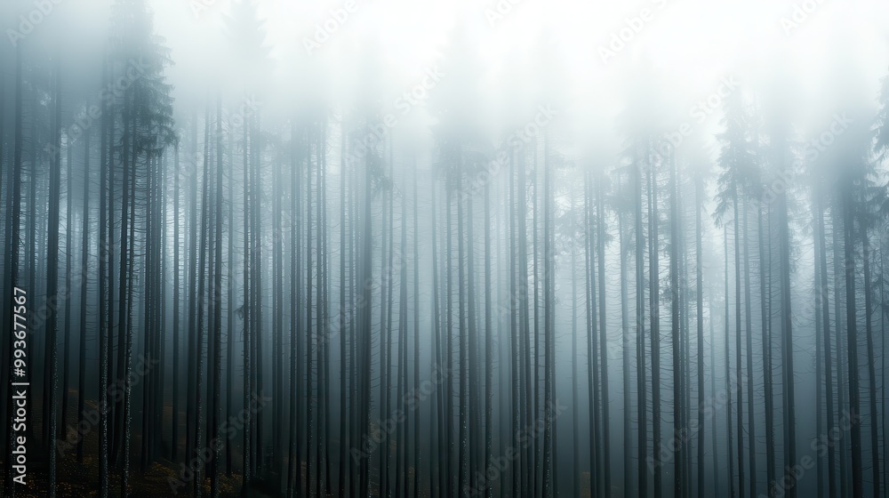 The image features tall pine trees standing amidst thick mist and fog ...