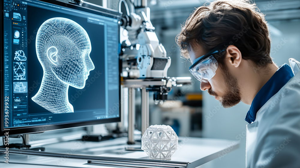 Creating 3D printed designs, man in protective eyewear focuses on ...