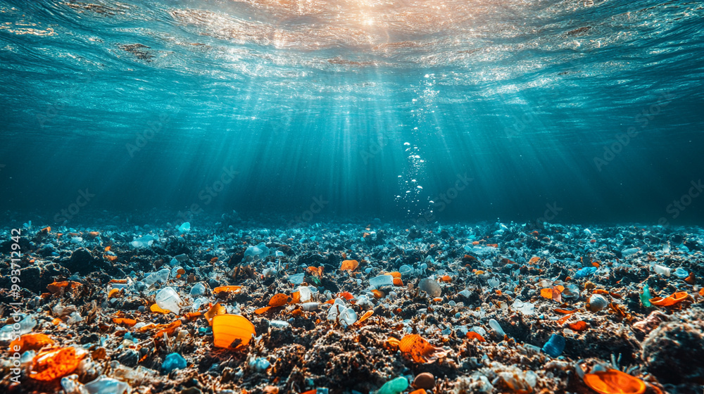 underwater view of plastic pollution and microplastics scattered across ...