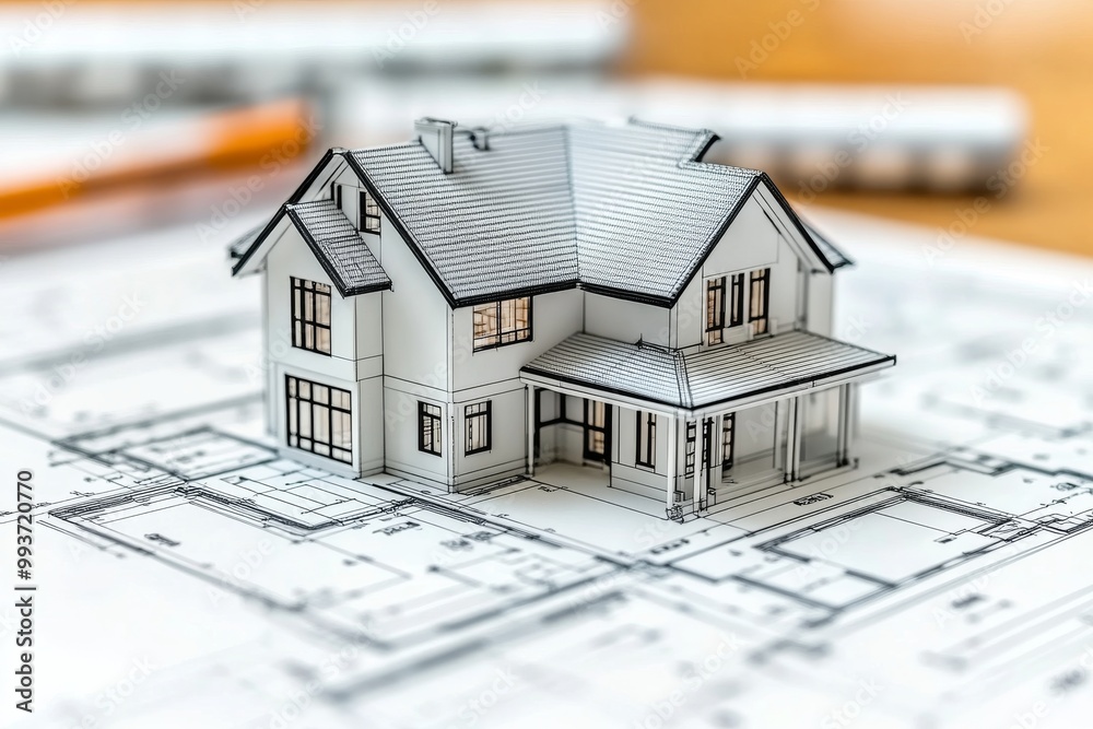 Architectural model of a suburban house on top of detailed blueprints ...