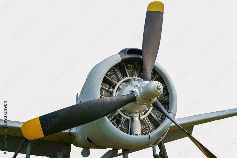 A close-up view of a vintage aircraft engine. The engine is circular ...