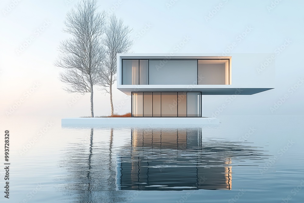 Minimalist lakefront house with floor to ceiling windows a floating ...
