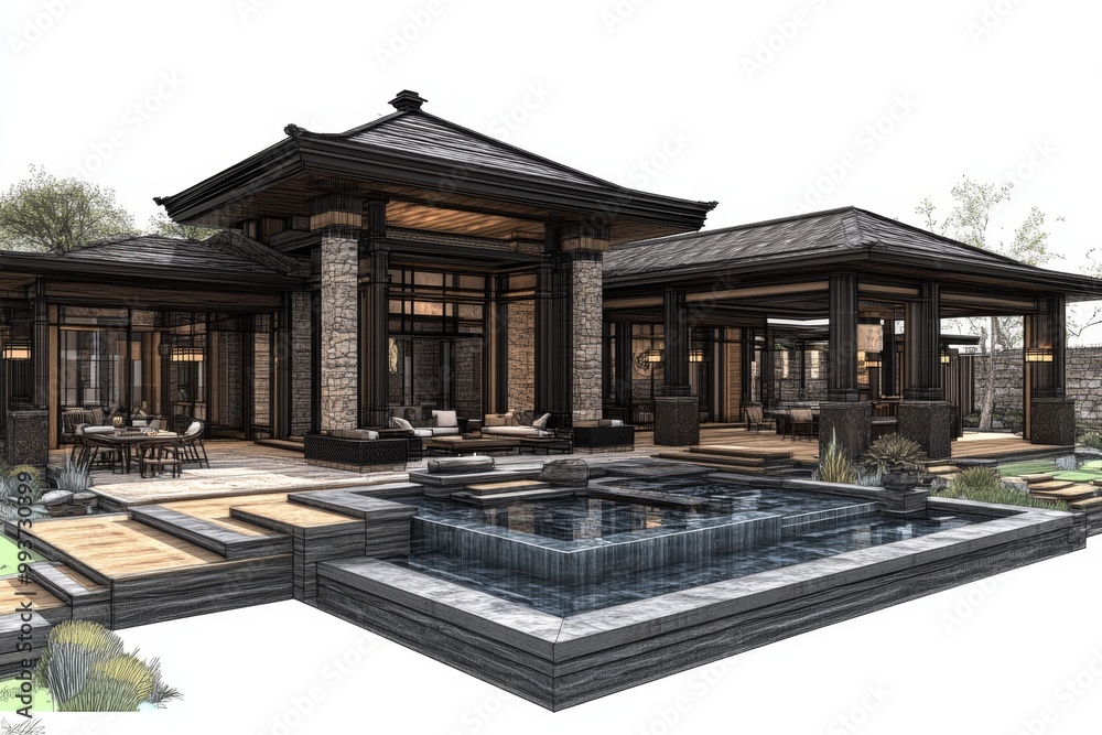 Ornate traditional Asian style pavilion with dark wood beams and a ...