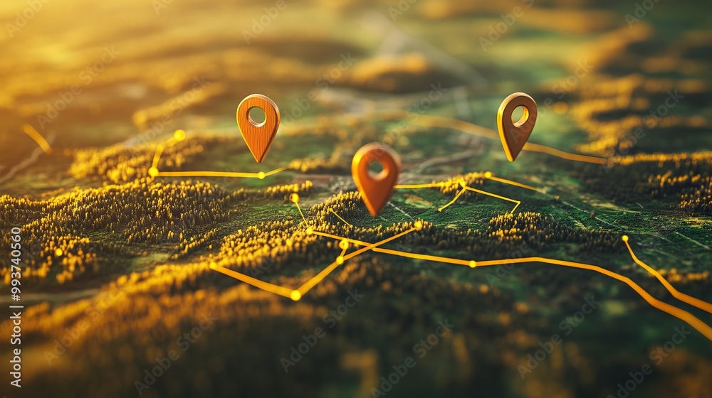 Aerial Map with Location Pins and Golden Hour Lighting. AI generated ...