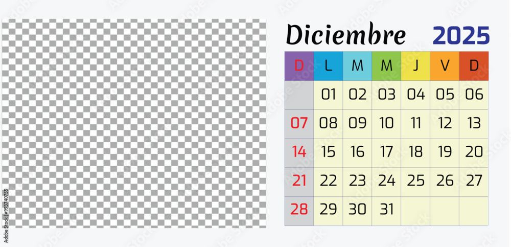 Spanish Calendario Diciembre Calendar 2025 December , Horizontal ...