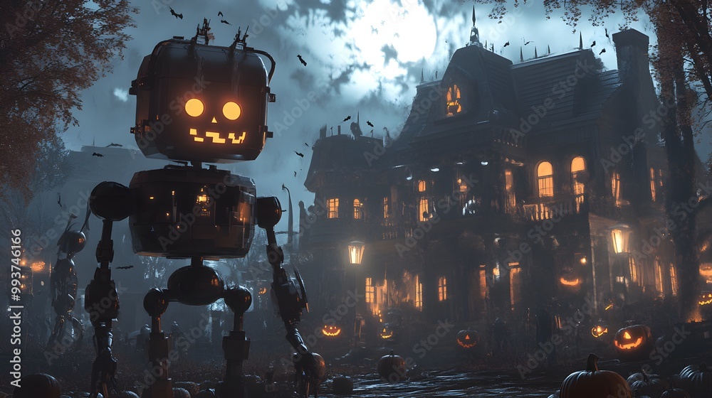 A futuristic Halloween scene featuring robots dressed in spooky costumes, standing in front of a ...