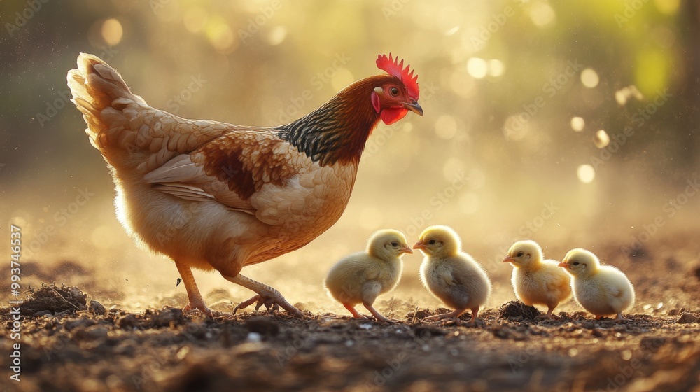 A mother hen teaching her chicks how to scratch the ground for food in ...