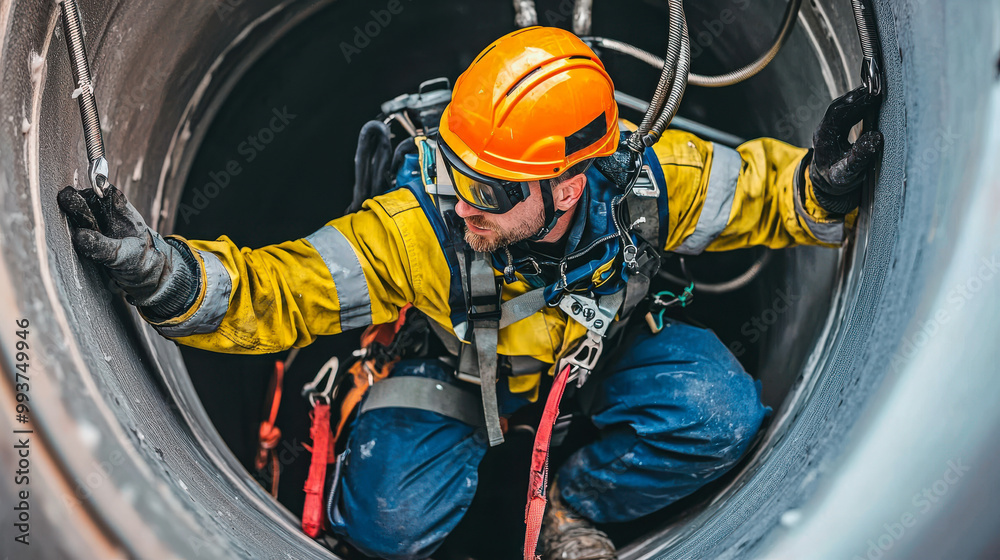 maintenance worker in safety helmet and gear is carefully navigating ...