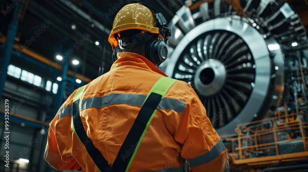 maintenance engineer in orange safety suit and helmet inspects large ...