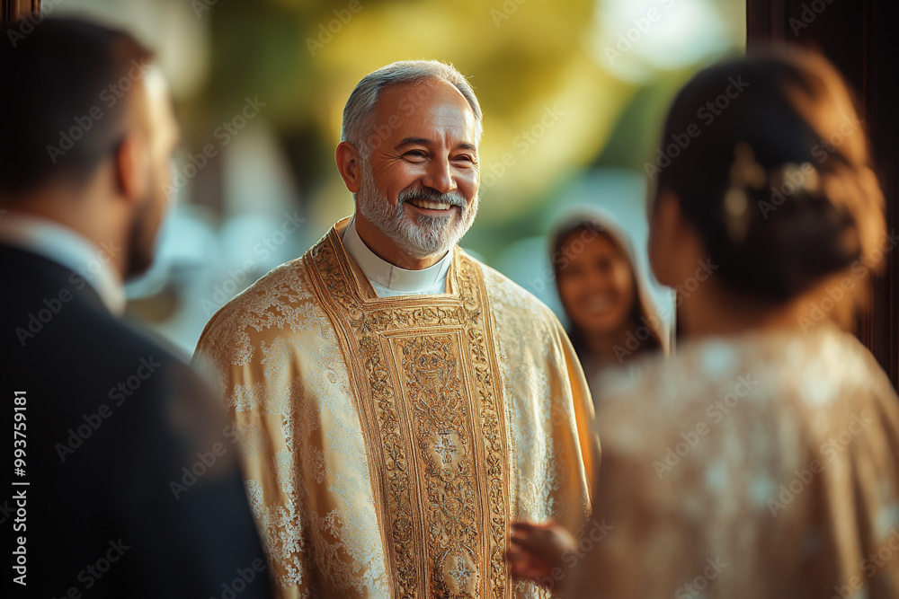 Priest greets parishioners in church, reading from the Bible at the ...
