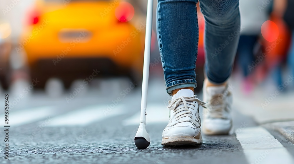 Blind person walking confidently with a white cane on a city sidewalk ...