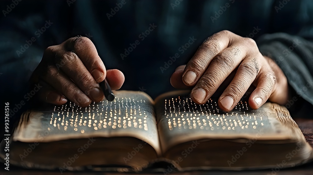 Close up view of human hands carefully reading and interpreting braille ...