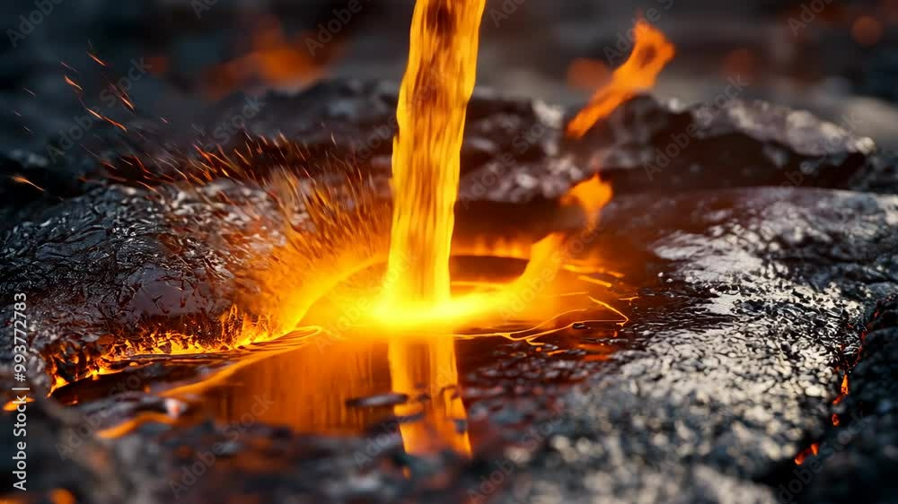Molten metal flows into a pool of liquid fire, creating an intense ...