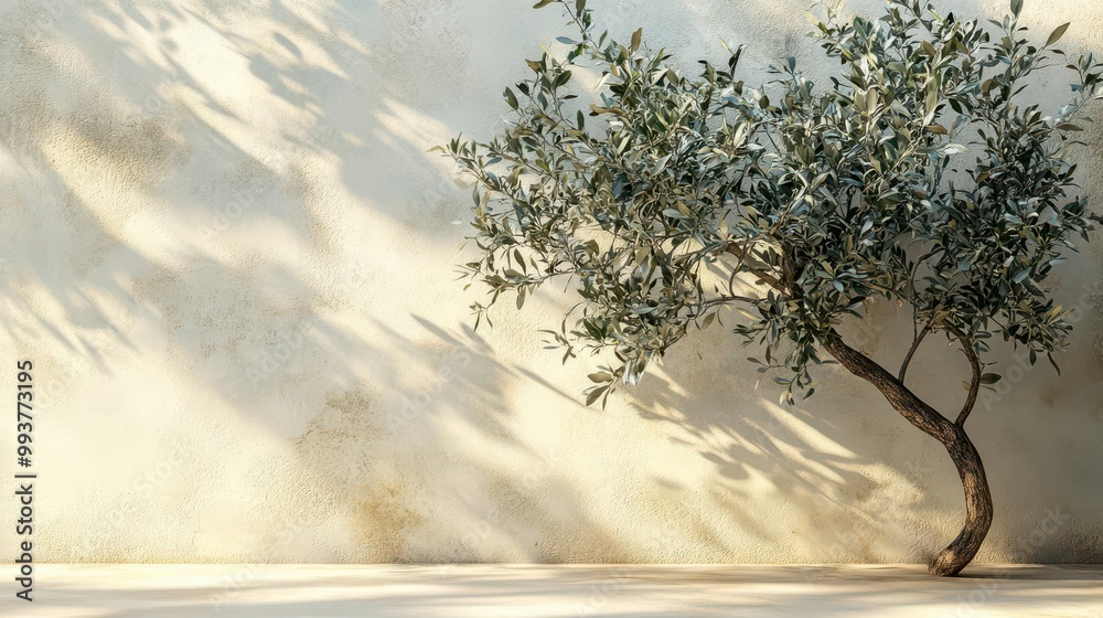gentle silhouette of olive tree branches set against a soft neutral ...