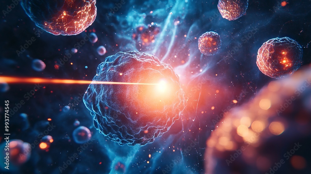 Laser Beam Striking a Cell with Floating Cells in Blue and Orange. AI ...