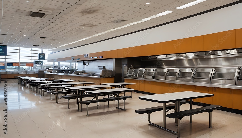 An empty airport food court, with vacant tables and closed food ...