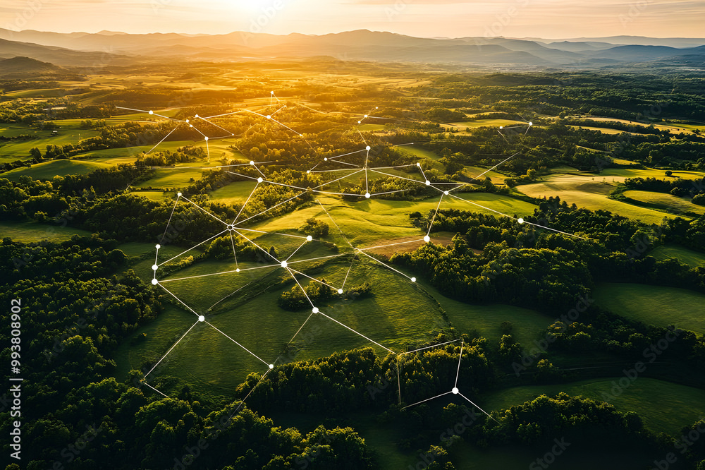 Aerial view of land is depicted with network markers indicating the ...