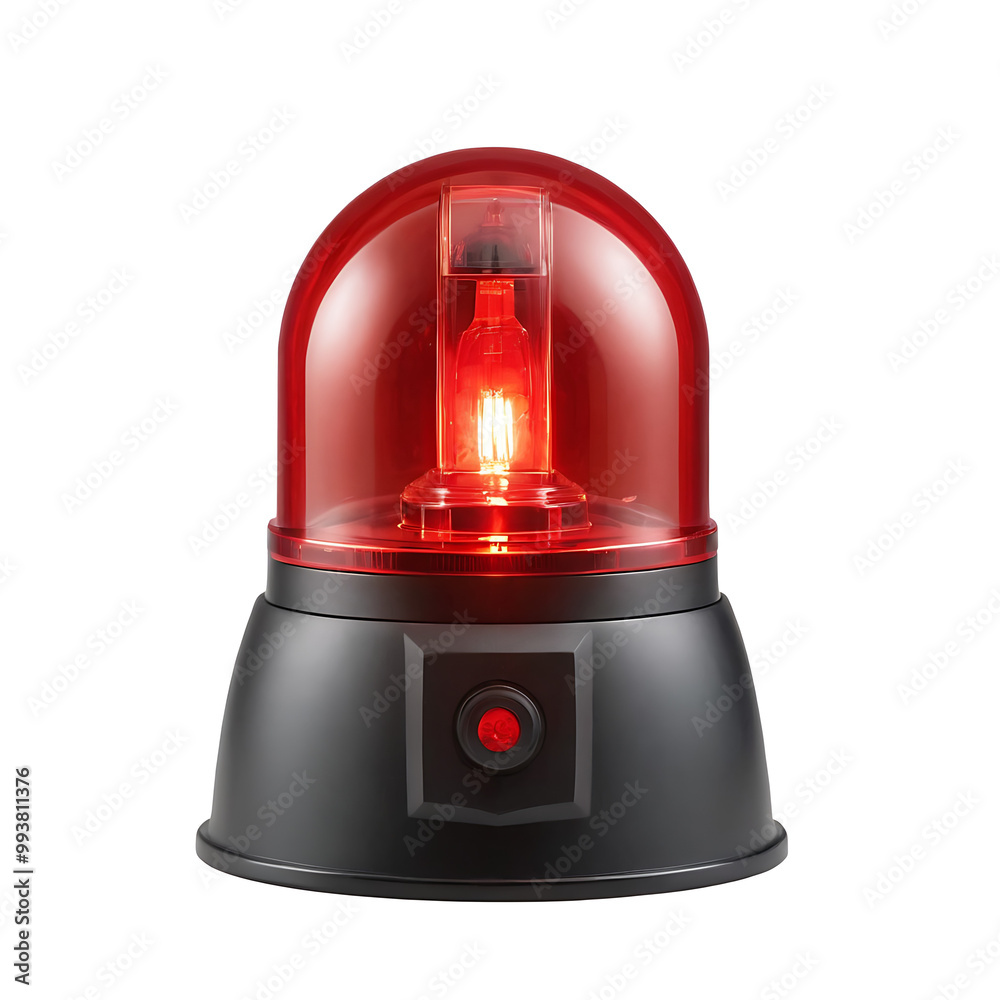 A red flashing warning light with a black base and an on/off switch ...