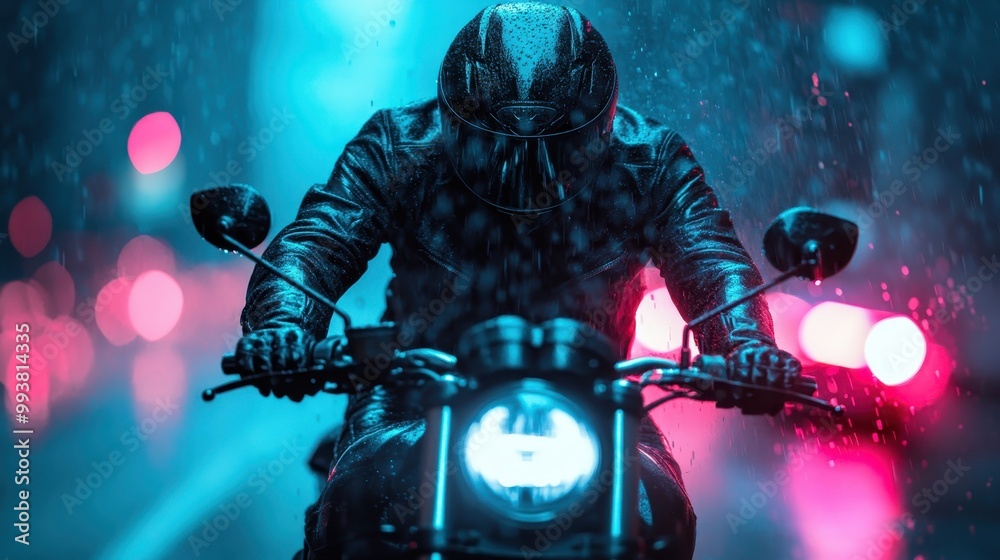 A motorcycle rider, dressed in a leather jacket and helmet, rides ...