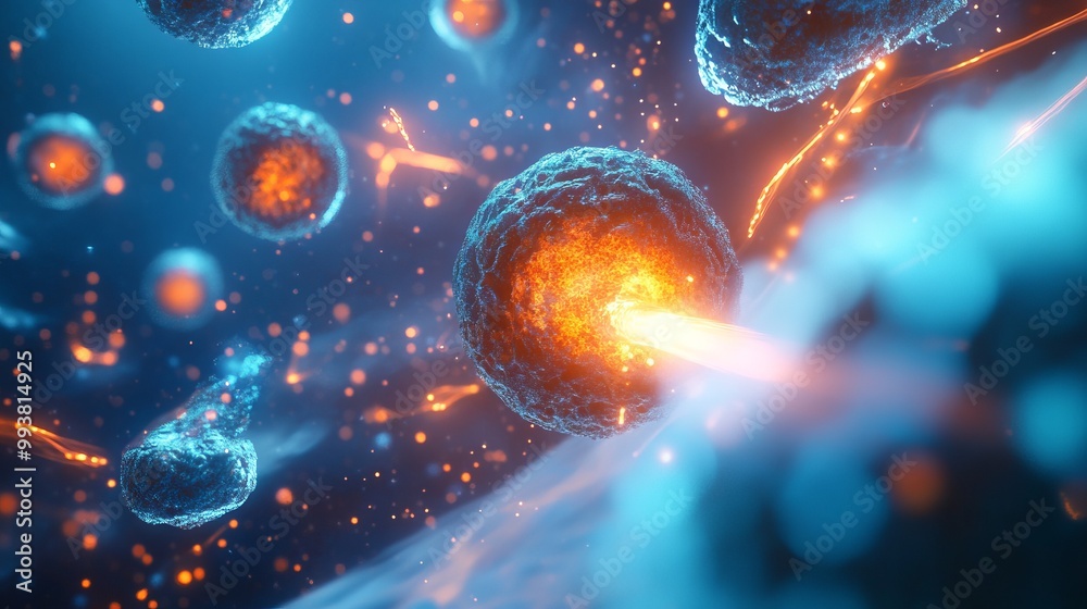 Laser Beam Striking a Cell with Floating Cells in Blue and Orange. AI generated illustration ...