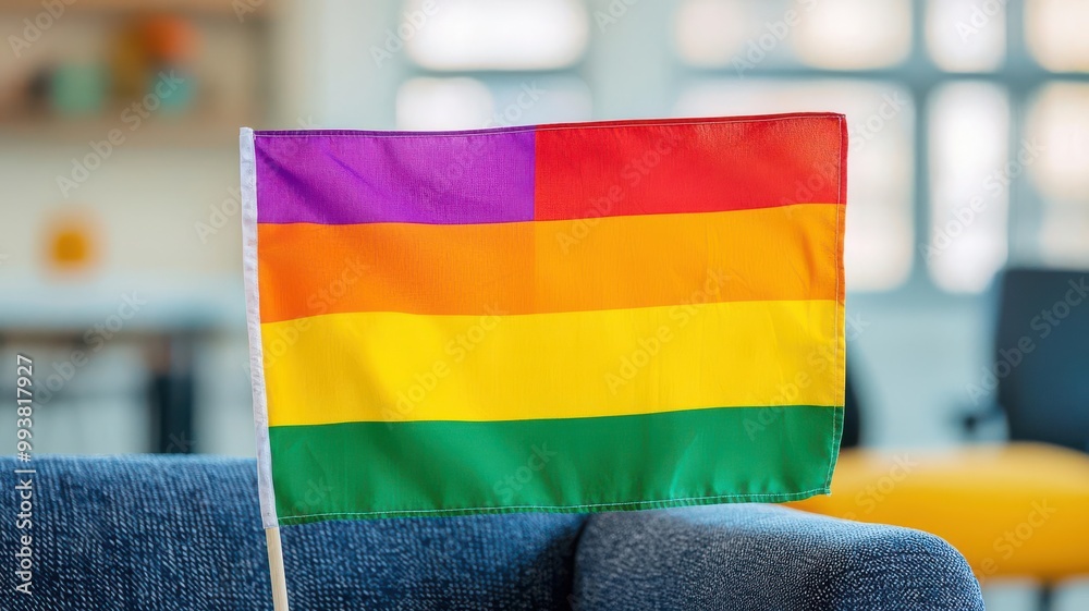 LGBTQ pride flag displayed in a vibrant, inclusive office space ...