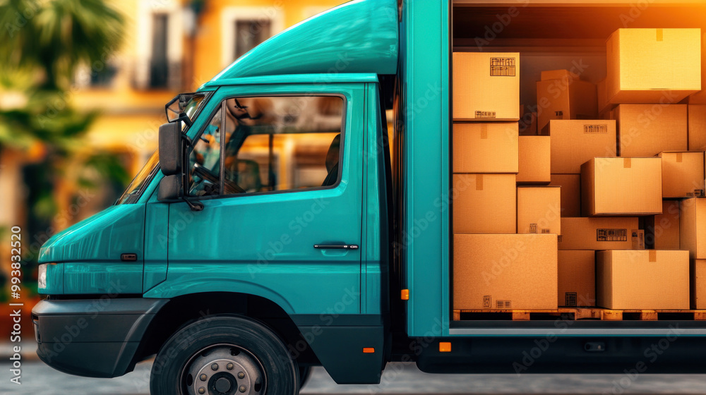 Cargo truck with open doors, packed with boxes, illustrating a well ...