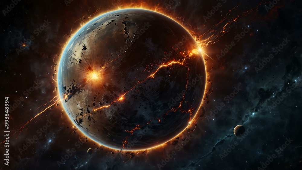 Explosive view of a planet with glowing cracks in a cosmic backdrop ...