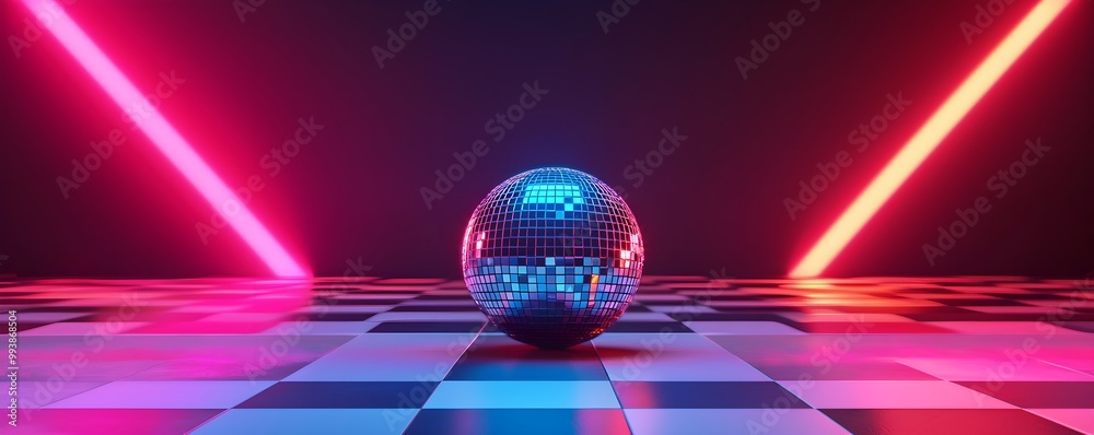 Neon-lit disco dance floor with a glowing disco ball and beams of ...