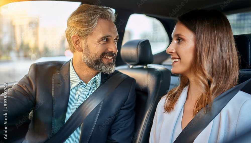 Positive woman passenger talking to cheerful taxi driver man, lady ...
