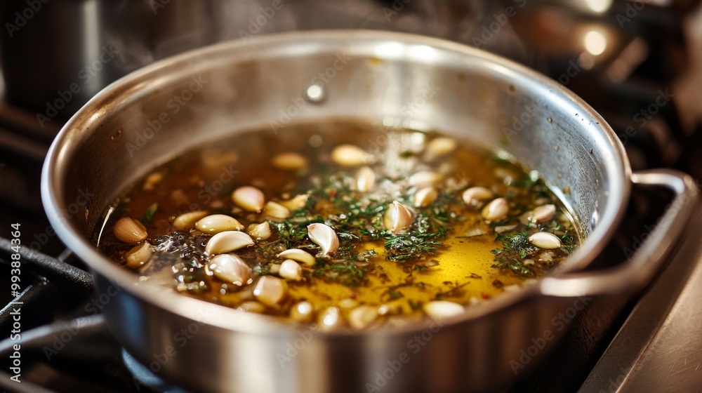 A pot of simmering garlic-infused olive oil on the stove, with garlic ...