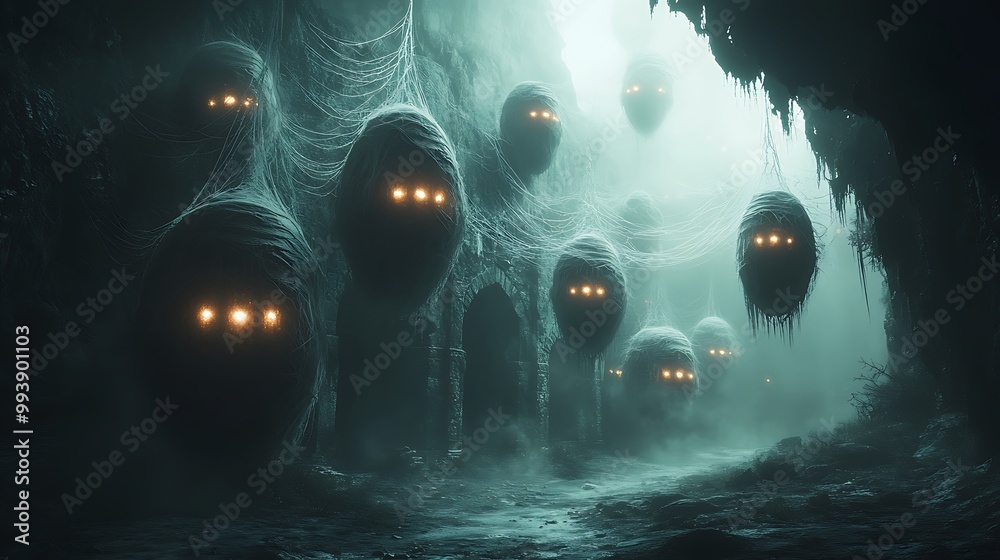 In a dark, fog-filled cavern, the spider queen spins webs around human ...