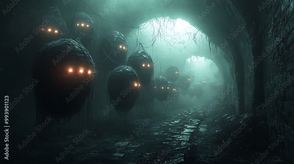 In a dark, fog-filled cavern, the spider queen spins webs around human ...