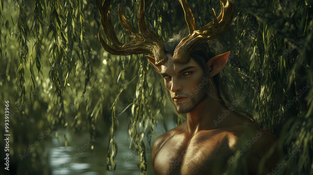 3d render : portrait of handsome male centaur in the green willow ...